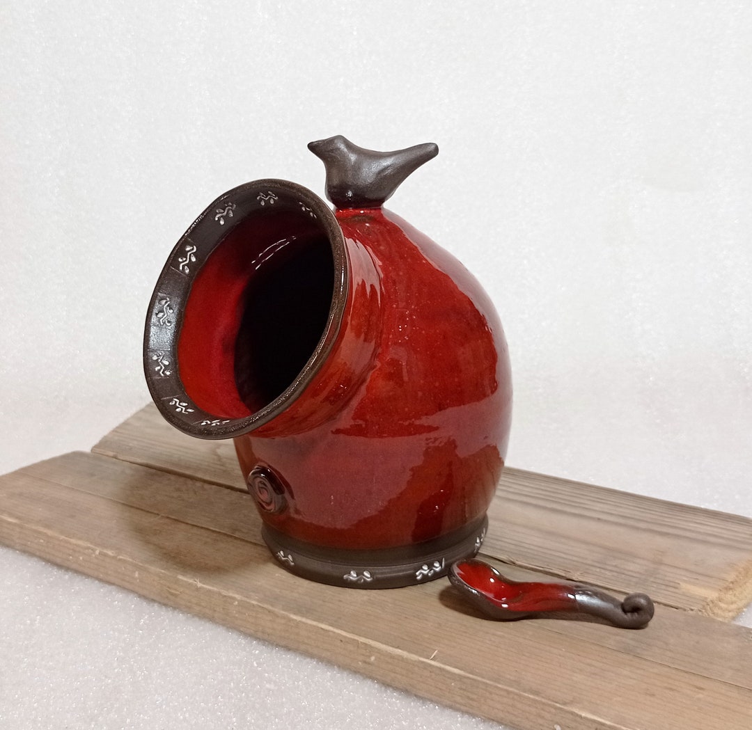 Pottery Coarse Salt Cellar, Red Container With a Spoon, Salt Pig ...