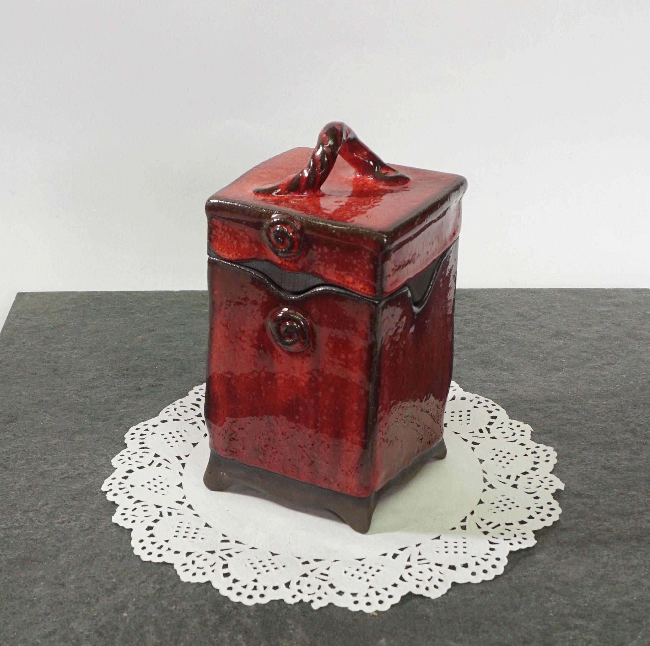 Lidded square sugar container red pottery box Yellow square | Etsy