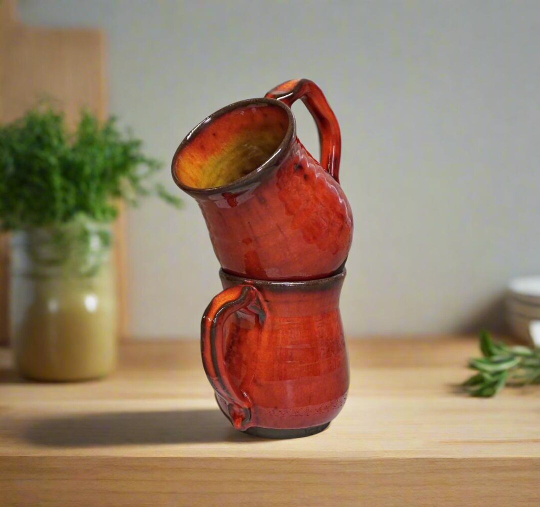 Orange Ceramic Coffee Mug Set: Wheel-thrown Pottery, Israeli Art - Etsy
