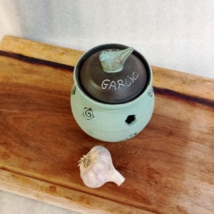 Ceramic Garlic Container, Pottery Hand Made Garlic Storage, Matte Blue ...