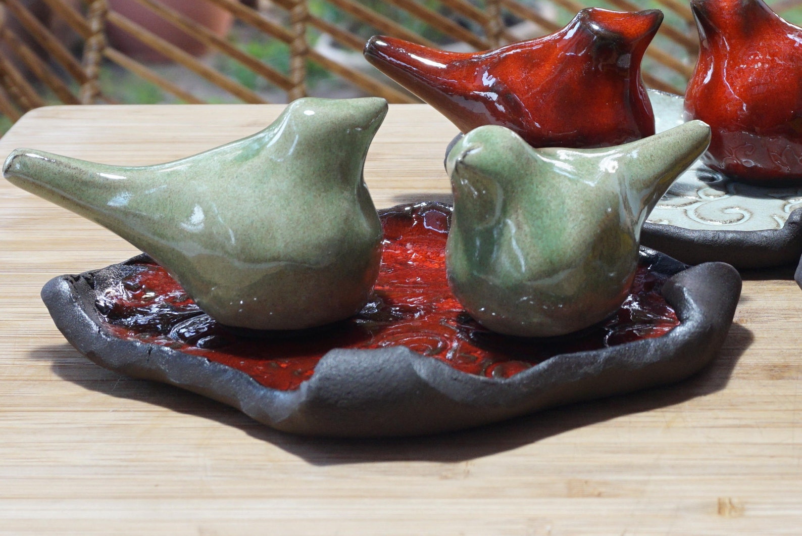 Two Sculpted Ceramic Birds on Tray Red Bird Pottery Bird | Etsy