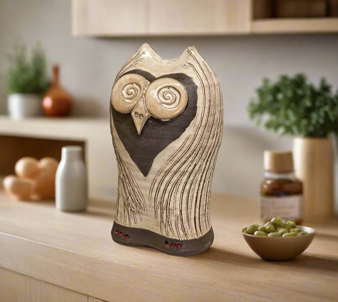 Ceramic Owl Decor, Pottery Cream Owl Figure, Handmade Owl Sculpture ...
