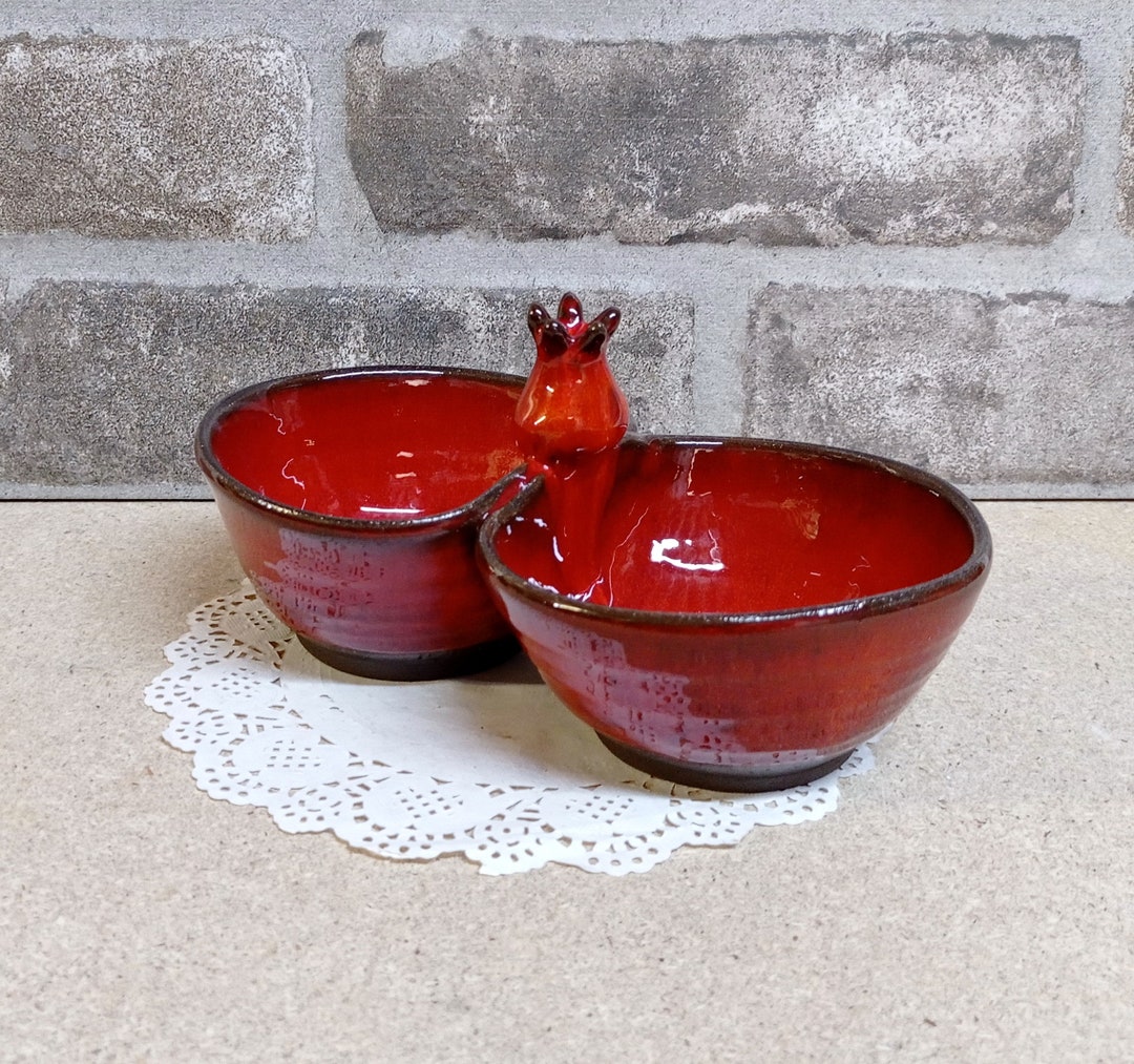 Red Ceramic Salsa Bowl: Double Pomegranate Pottery Server, Israeli Art ...