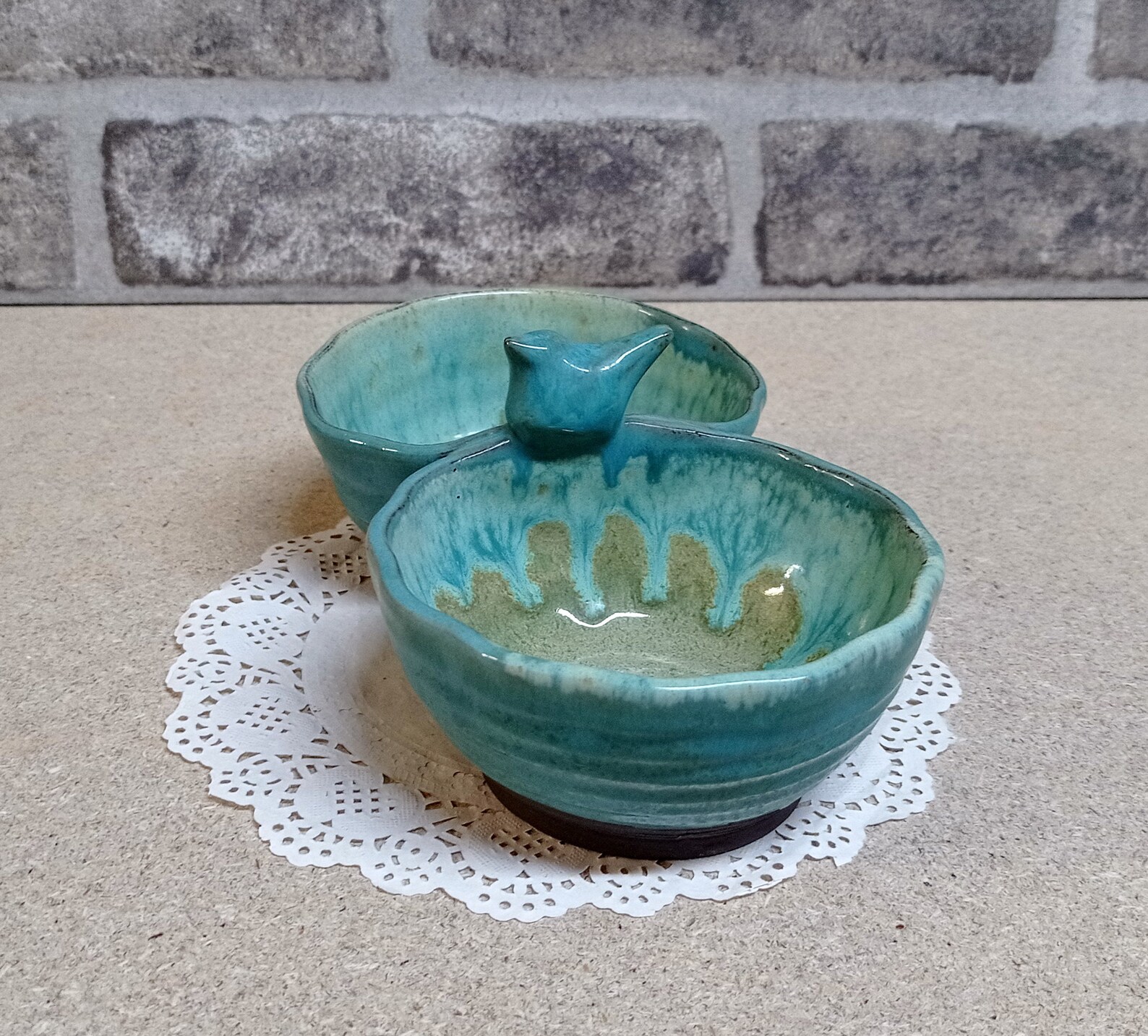 Ceramic Salsa Dip Turquoise Double Bowl Pottery Bird Bowls - Etsy