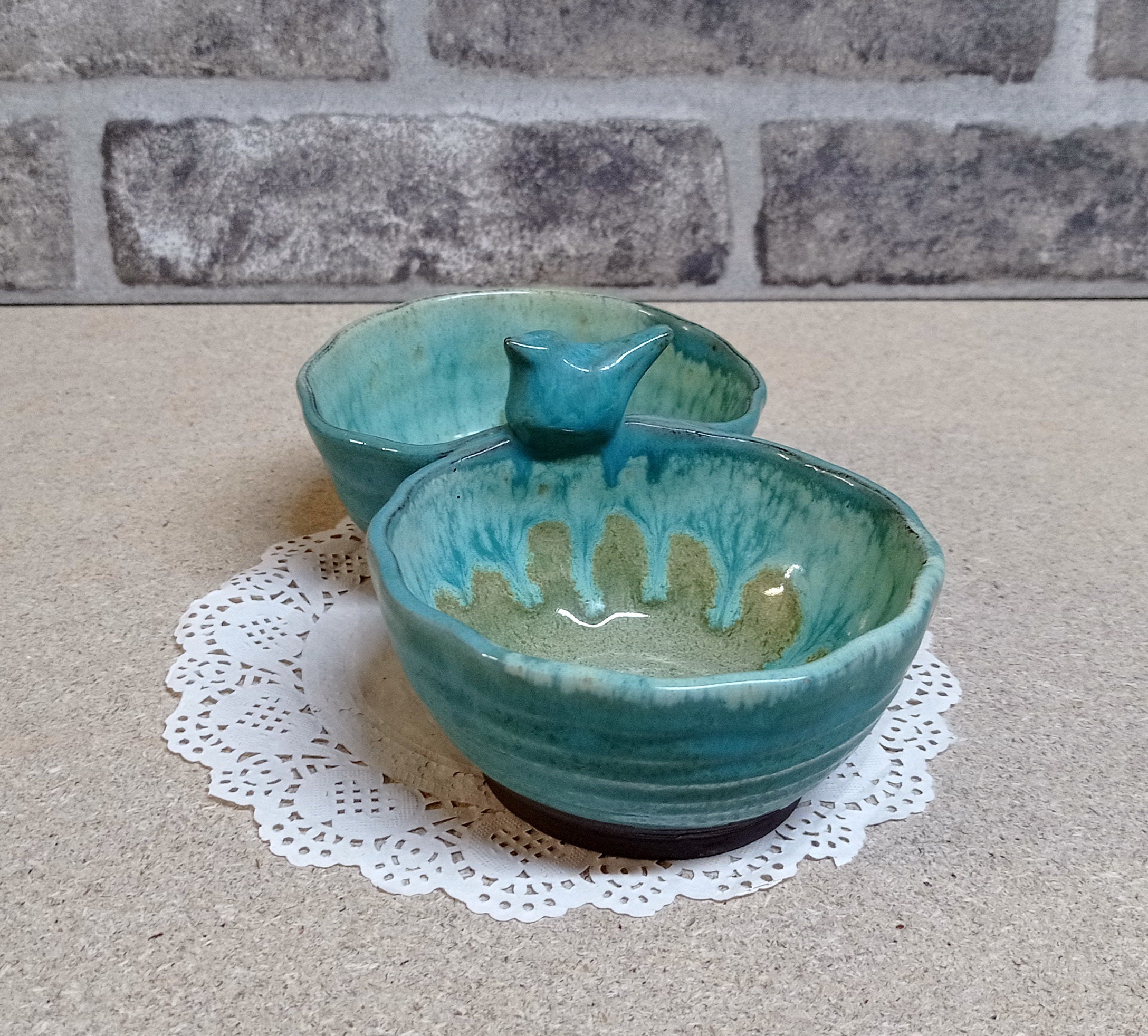 Ceramic Salsa Dip Turquoise Double Bowl Pottery Bird Bowls - Etsy