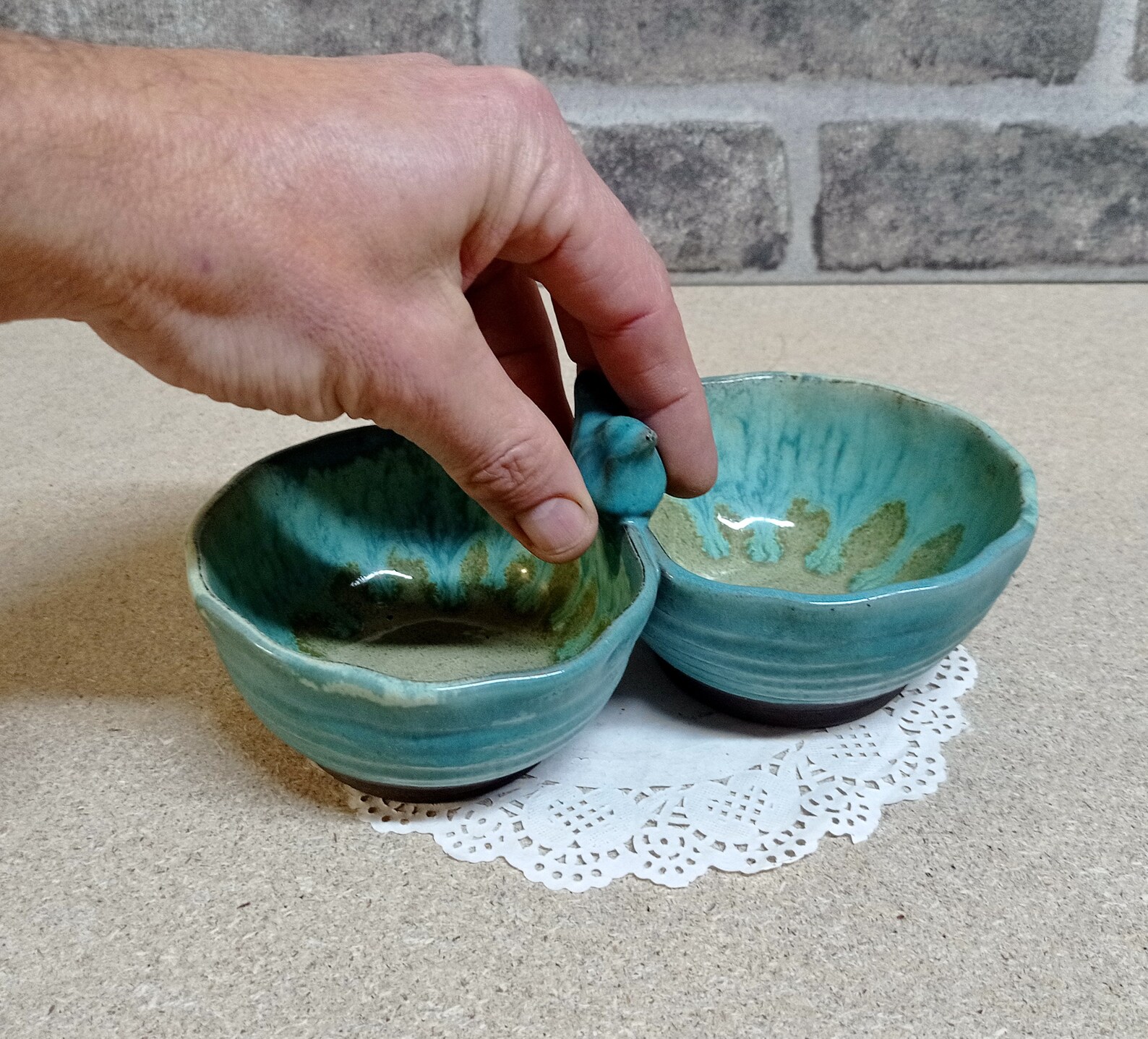 Ceramic Salsa Dip Turquoise Double Bowl Pottery Bird Bowls - Etsy
