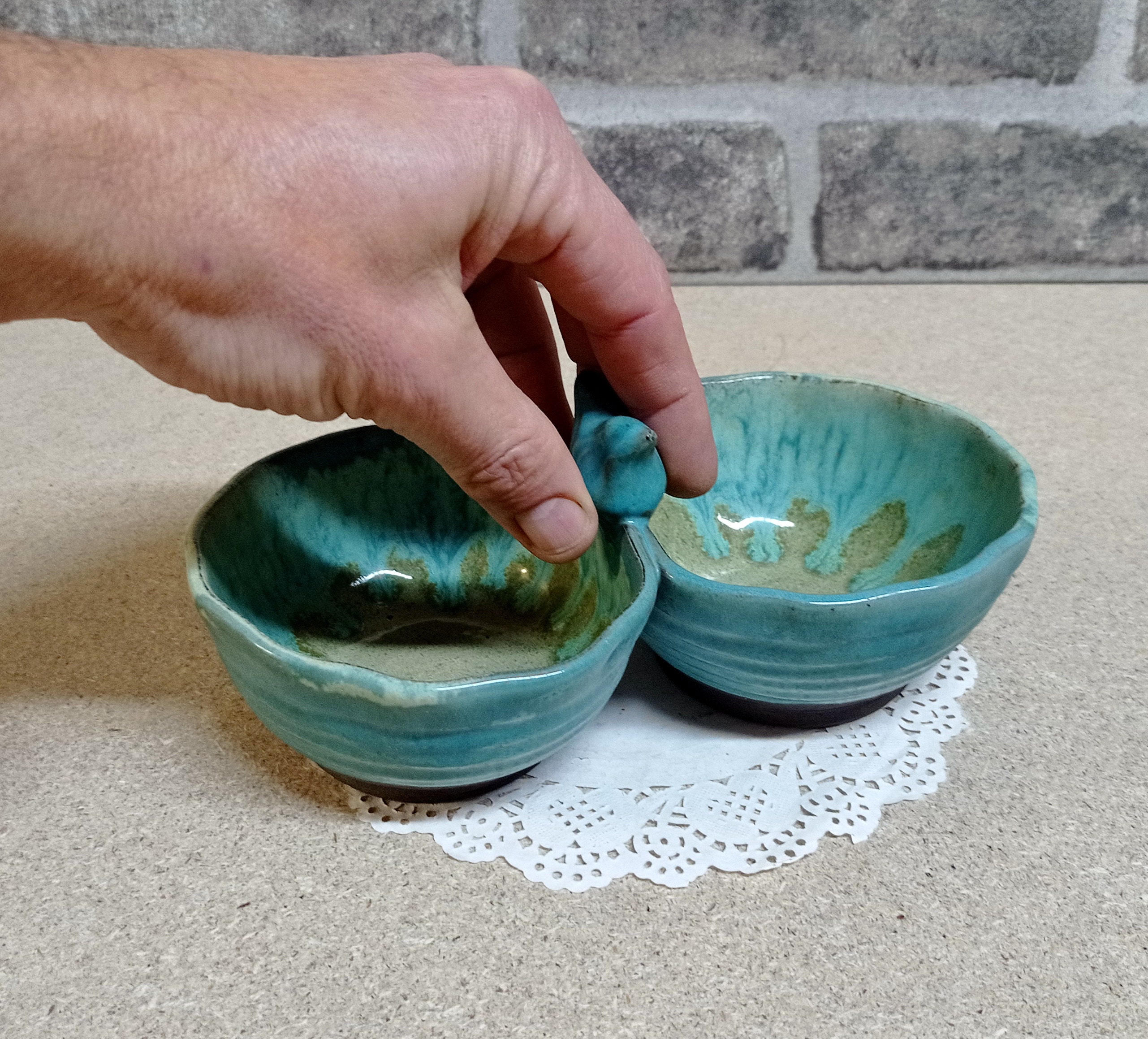 Ceramic Salsa Dip Turquoise Double Bowl Pottery Bird Bowls - Etsy