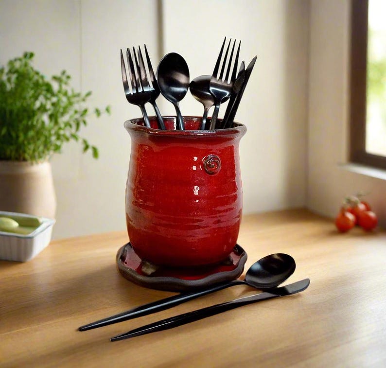 Red Ceramic Cutlery Holder: Handmade Pottery Utensil Organizer - Etsy