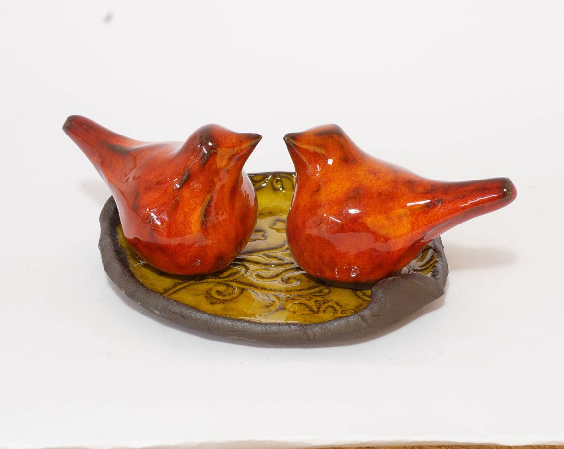 Two Sculpted Ceramic Birds on Tray Red Bird Pottery Bird | Etsy