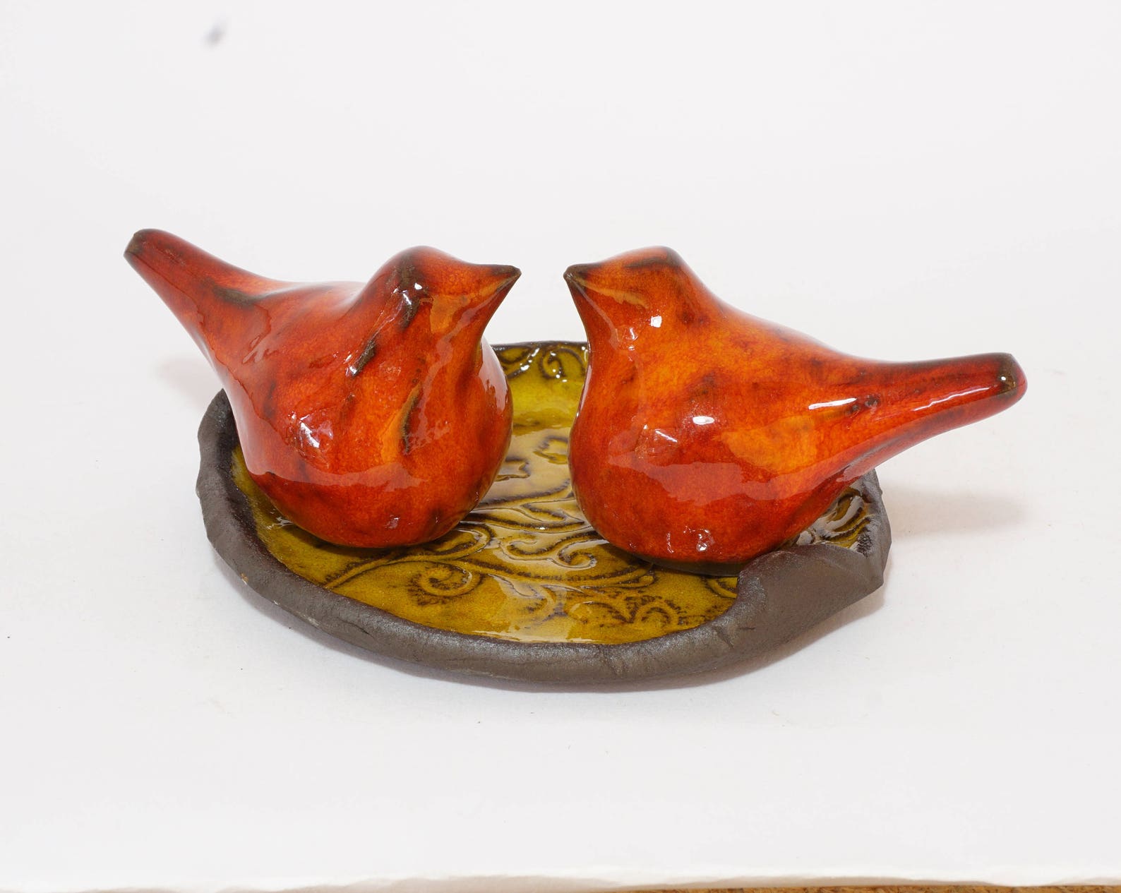 Two Sculpted Ceramic Birds on a Tray Orange Birds Pottery | Etsy