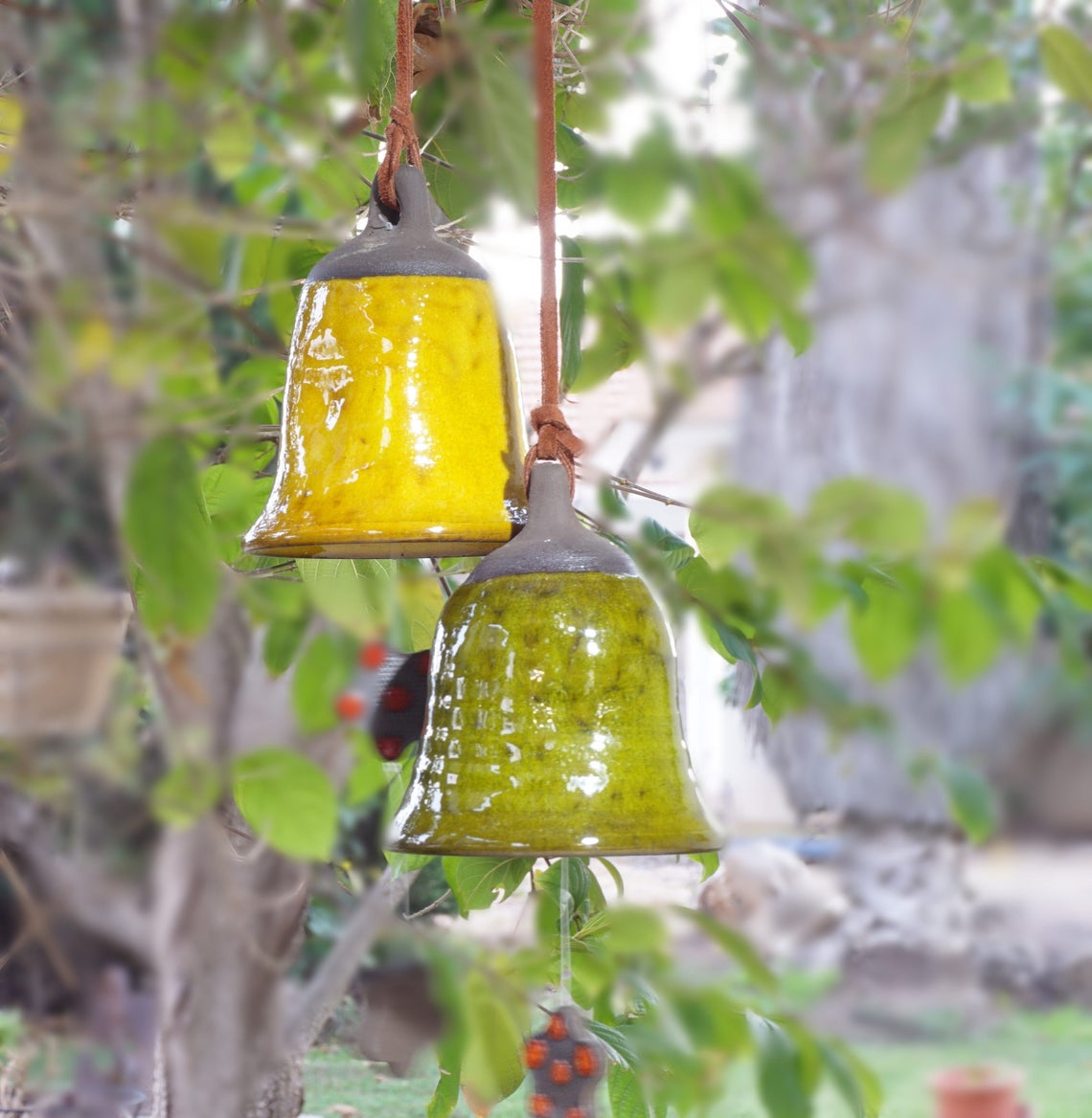 Ceramic Wind Bells Pottery Bells Outdoor Art Green and | Etsy