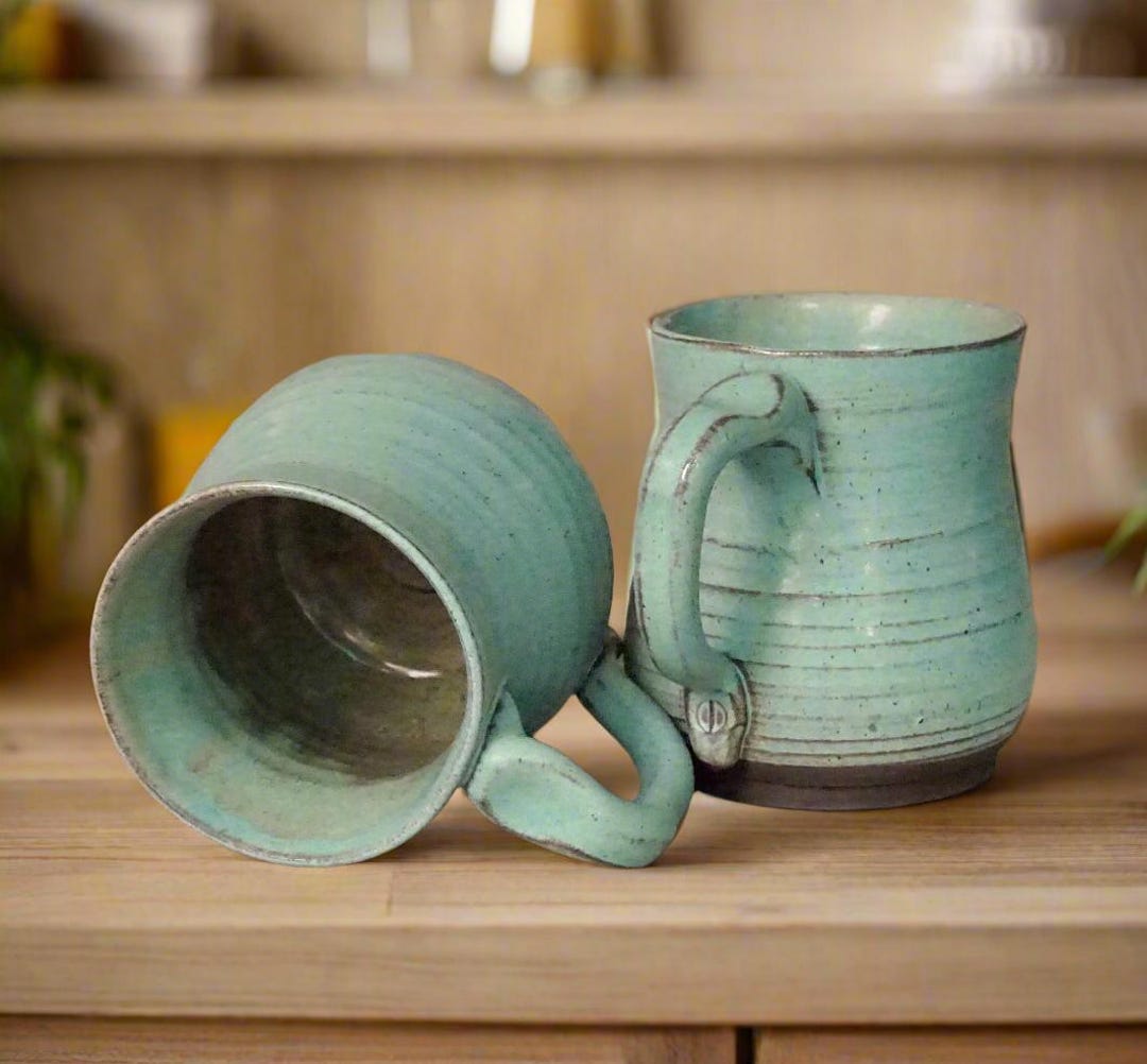 Turquoise Pottery Coffee Mug Set: Rustic Ceramic Teacups, Israeli Art ...