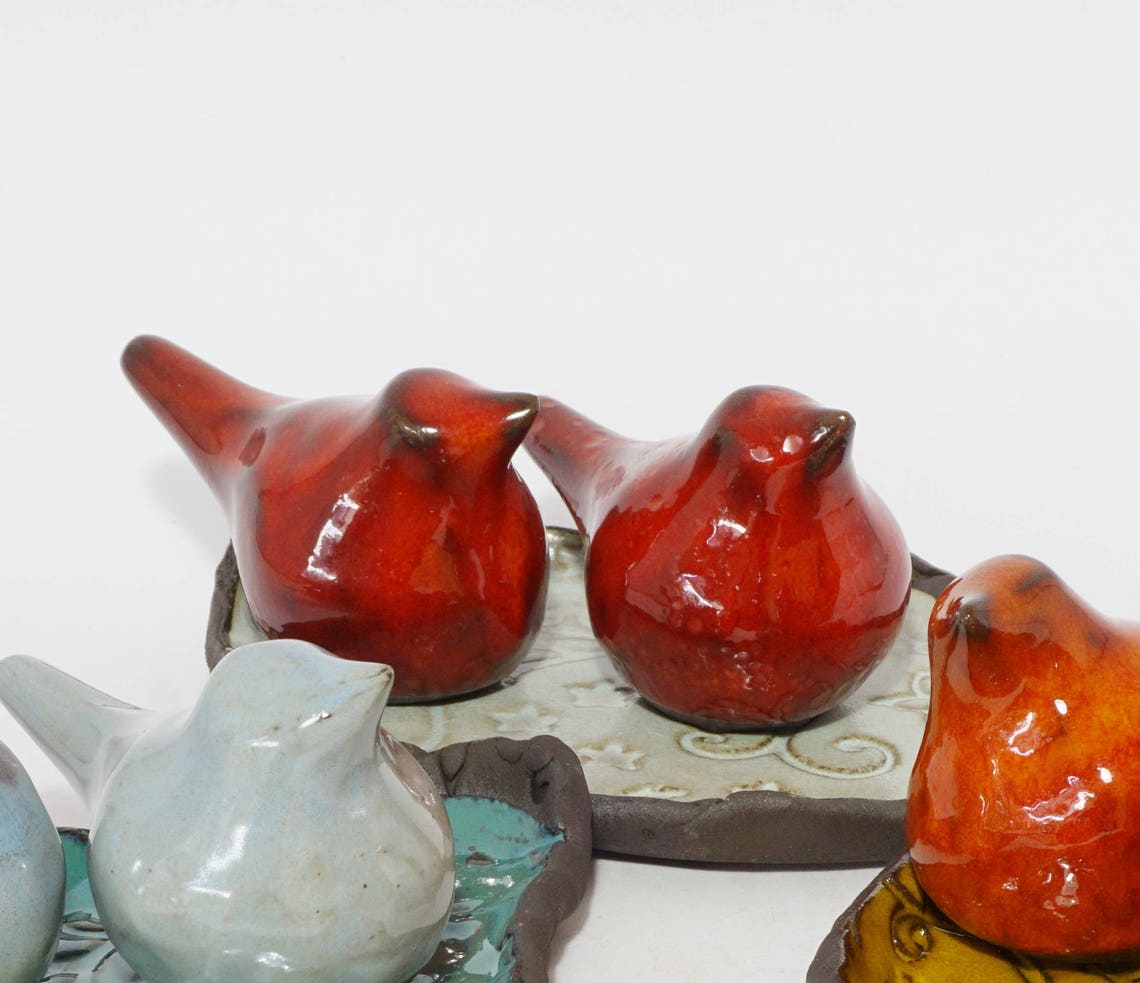 Two Sculpted Ceramic Birds on a Tray Orange Birds Pottery | Etsy