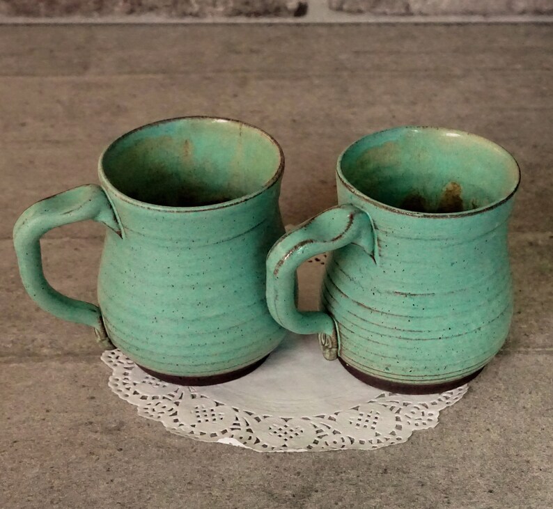 Turquoise Pottery Coffee Mug Set: Rustic Ceramic Teacups, Israeli Art ...