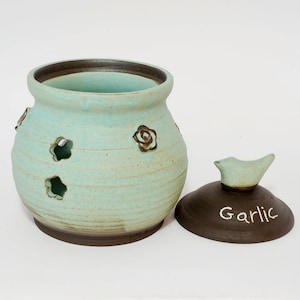 Ceramic Garlic Container, Pottery Hand Made Garlic Storage, Matte Blue ...