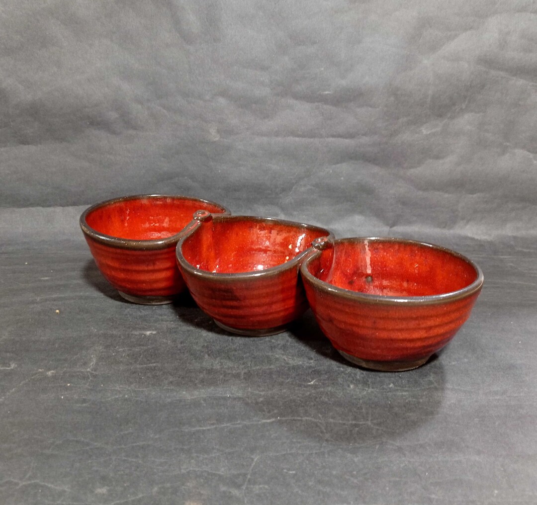 Ceramic Salsa Dip, Red Bowls, Pottery Serving Bowls, Three Connected ...