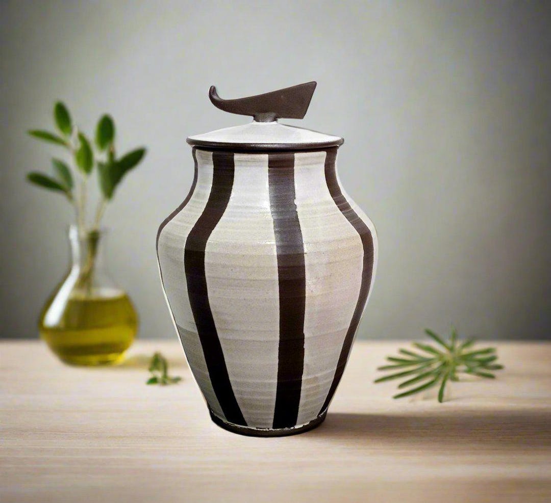 Zebra-striped Pottery Urn Vase With Lid - Hand Thrown, 10