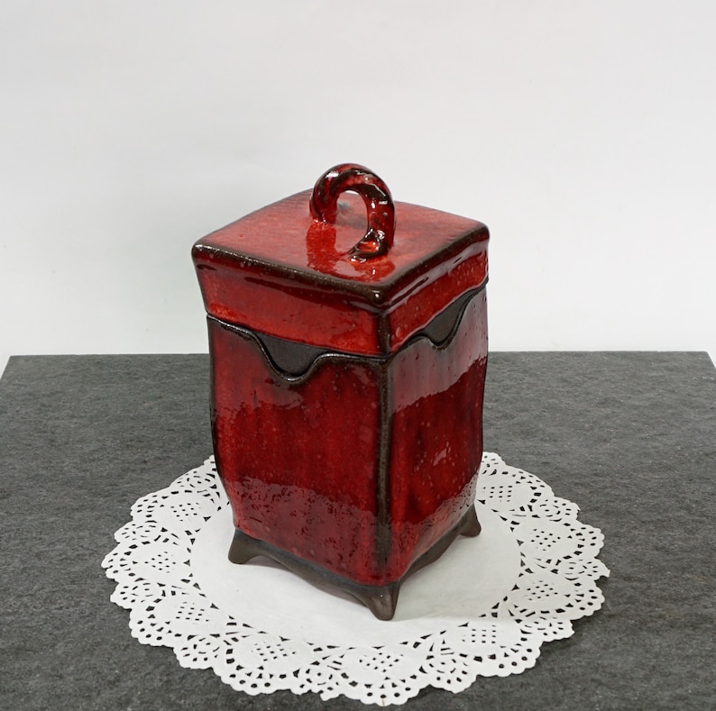 Lidded Square Sugar Container Red Pottery Box Yellow Square - Etsy