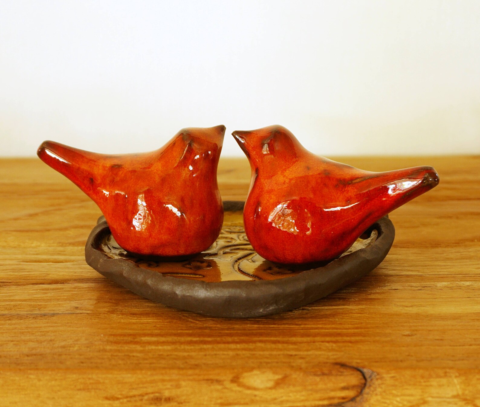 Two Sculpted Ceramic Birds on a Tray Orange Birds Pottery | Etsy