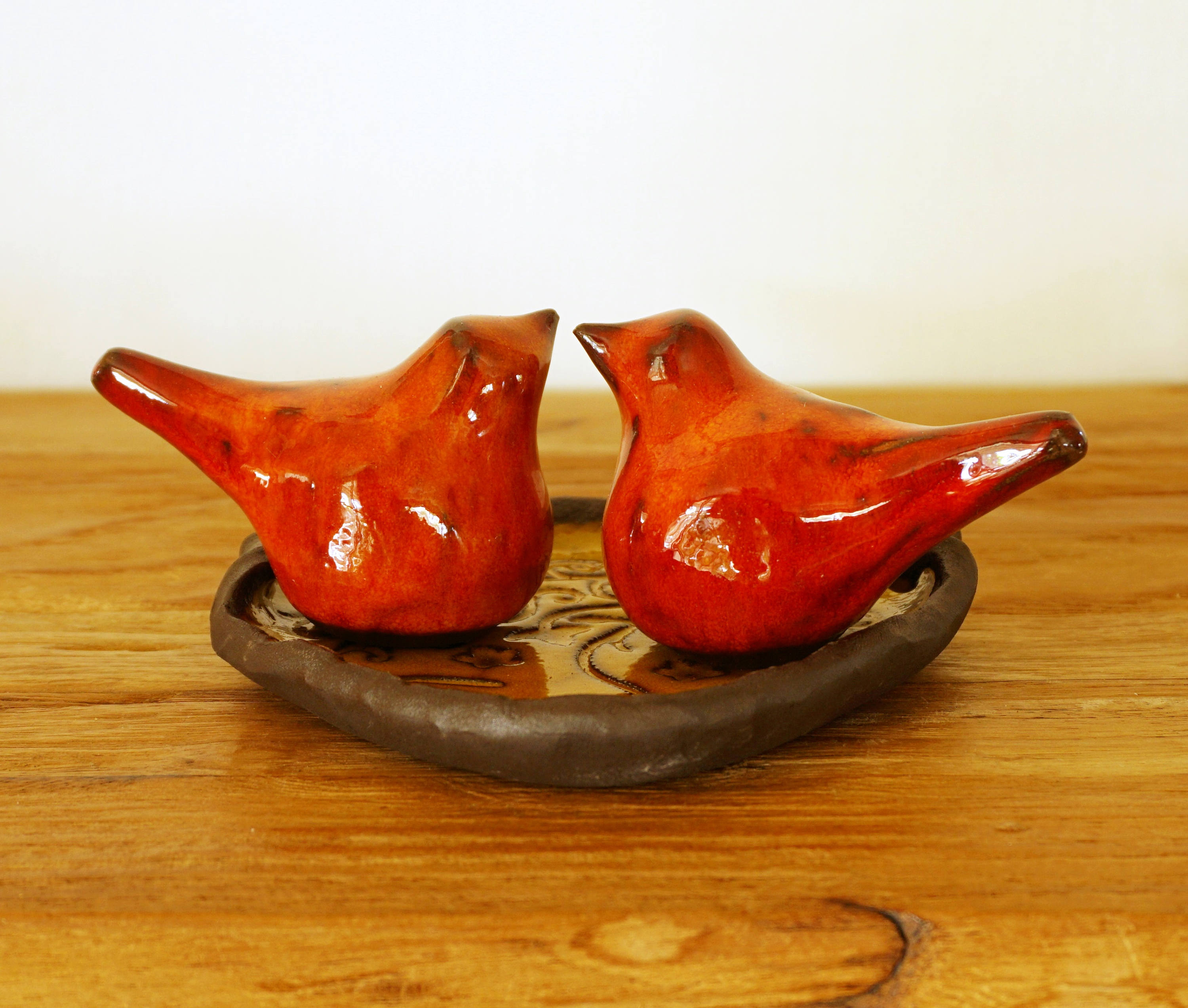 Two Sculpted Ceramic Birds on a Tray Orange Birds Pottery | Etsy