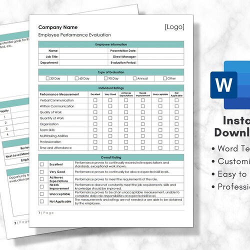 Performance Appraisal Form employee MS Excel Form Template - Etsy