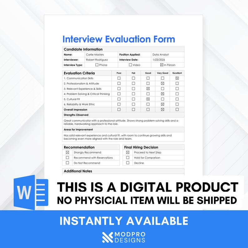 Interview Evaluation Form Template | Hiring Assessment Sheet ...