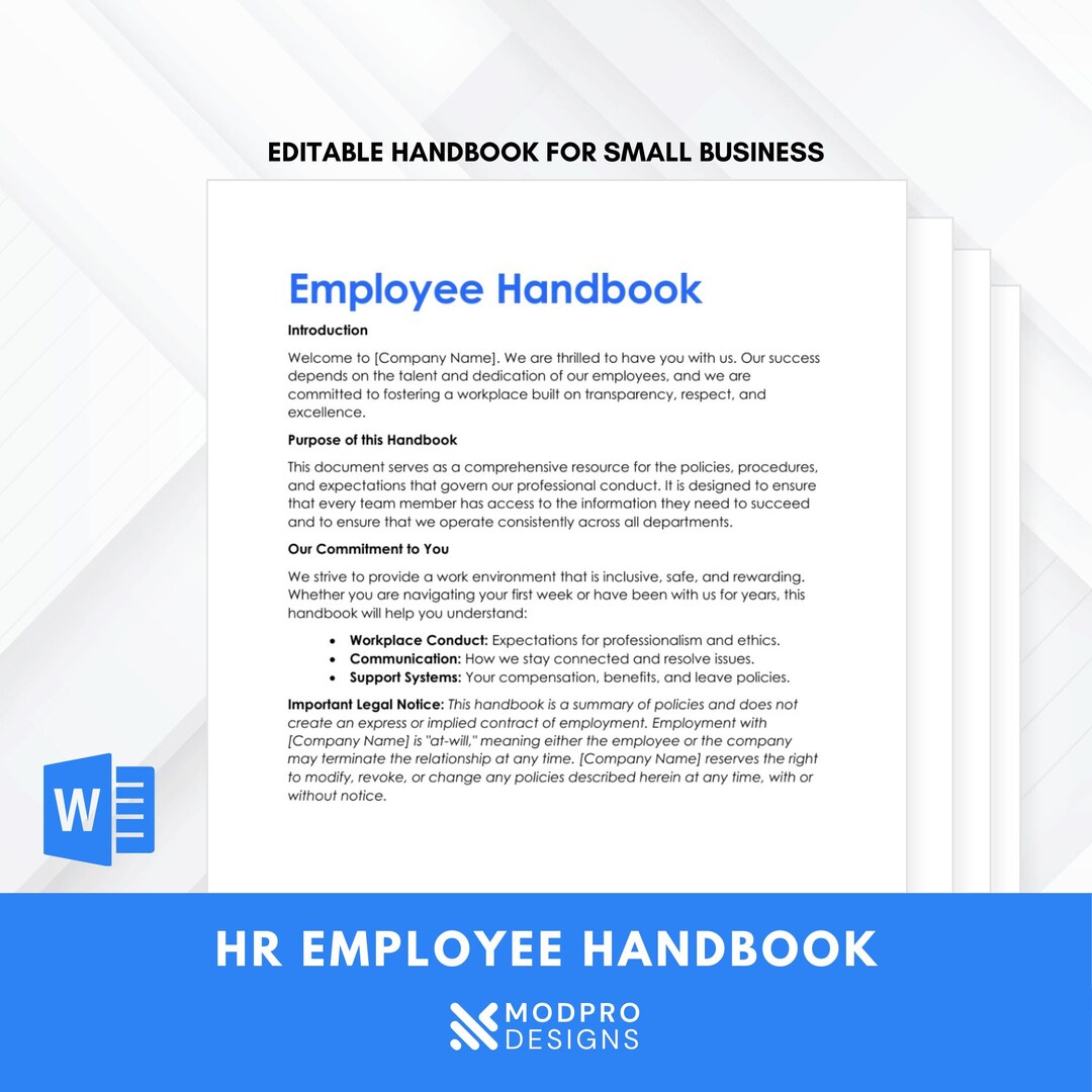 Employee Handbook Template for Small Business | Editable HR Policy ...