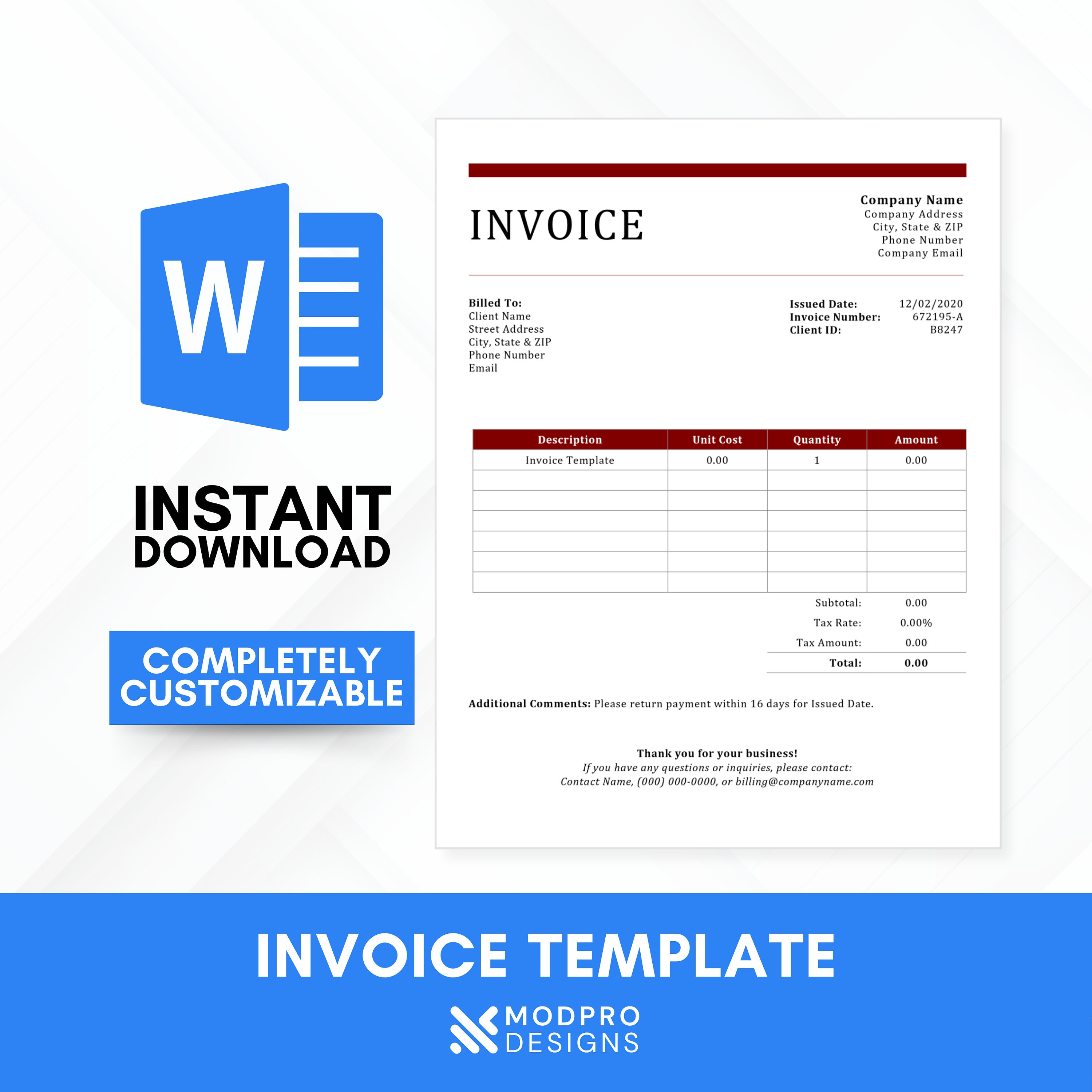 Invoice Template-ms Word (editable Receipt, Bill of Sale, Invoices ...