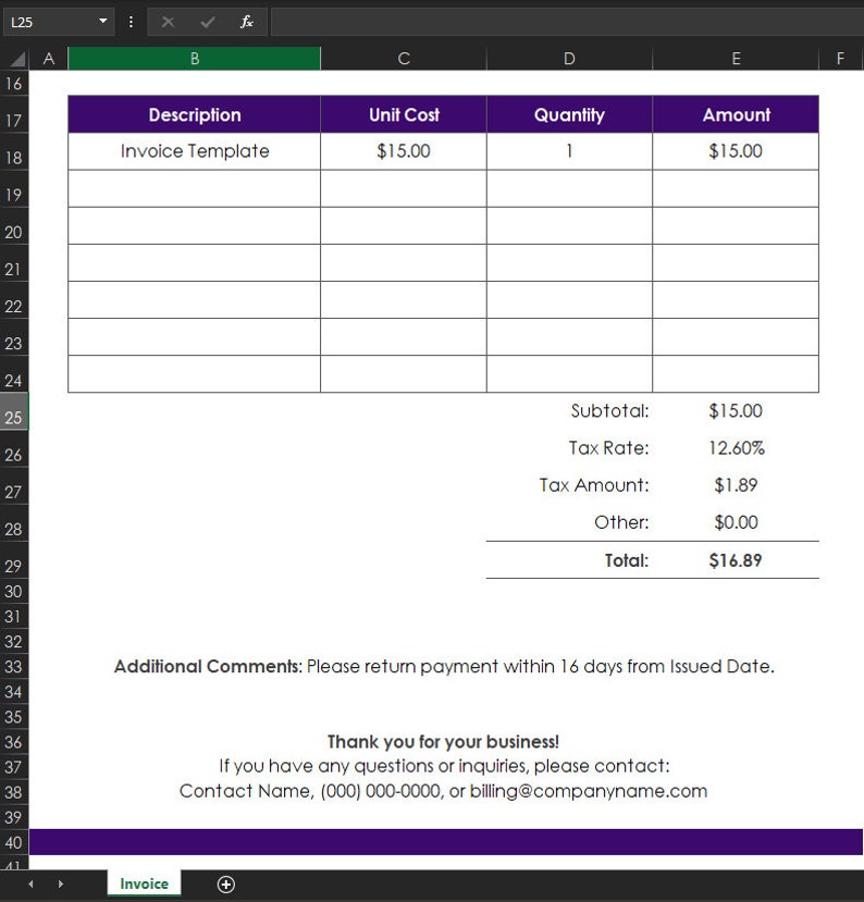 MS Excel Invoice Template Spreadsheet - Etsy
