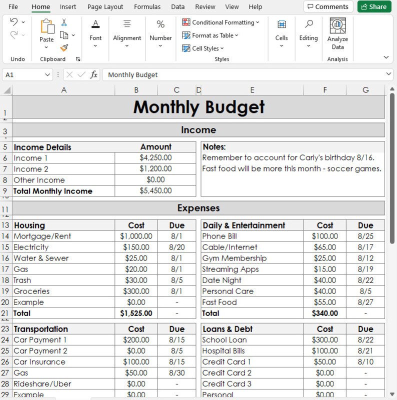 Minimalist-ms Excel Budget Template Spreadsheet - Etsy