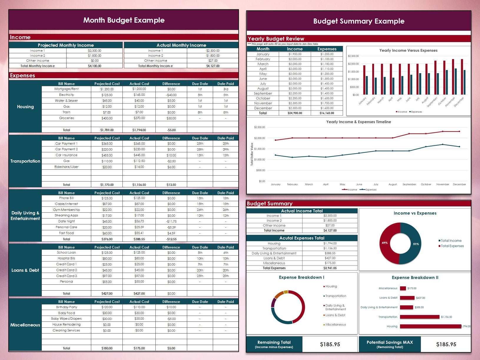 Personal Budget Excel Template - Month & Year Summaries 3 - Etsy