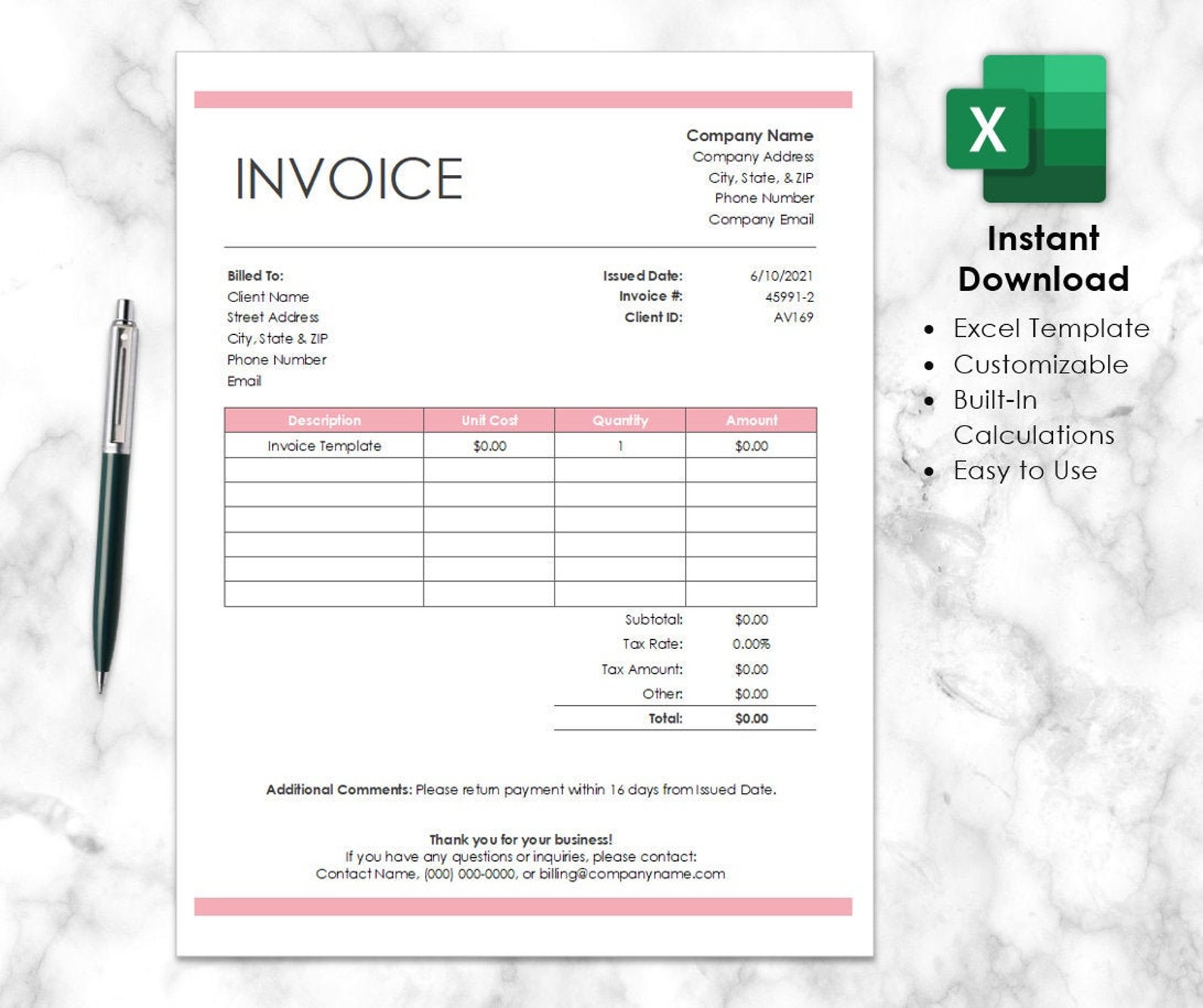 MS Excel Invoice Template Spreadsheet - Etsy