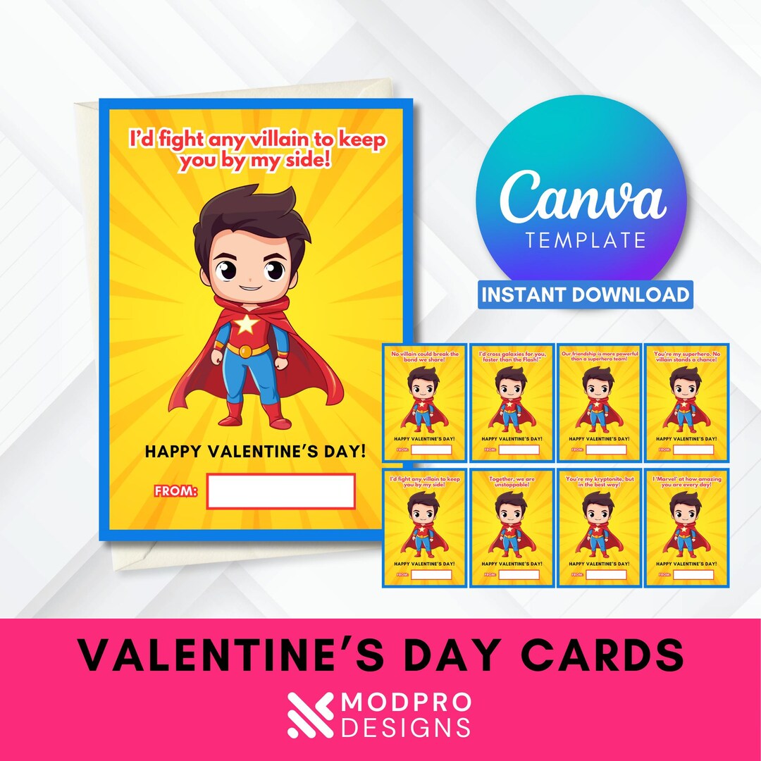 Superhero Valentine’s Day Cards (digital Download Canva Template Invite ...
