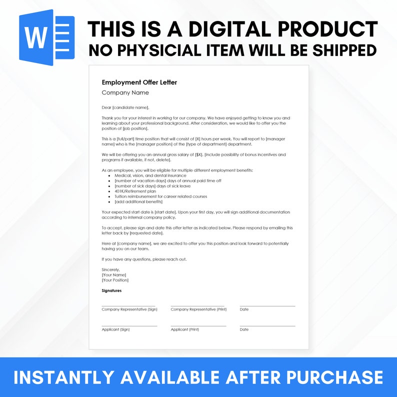 Employee Offer Letter Template: HR Legal Form (digital Word) - Etsy