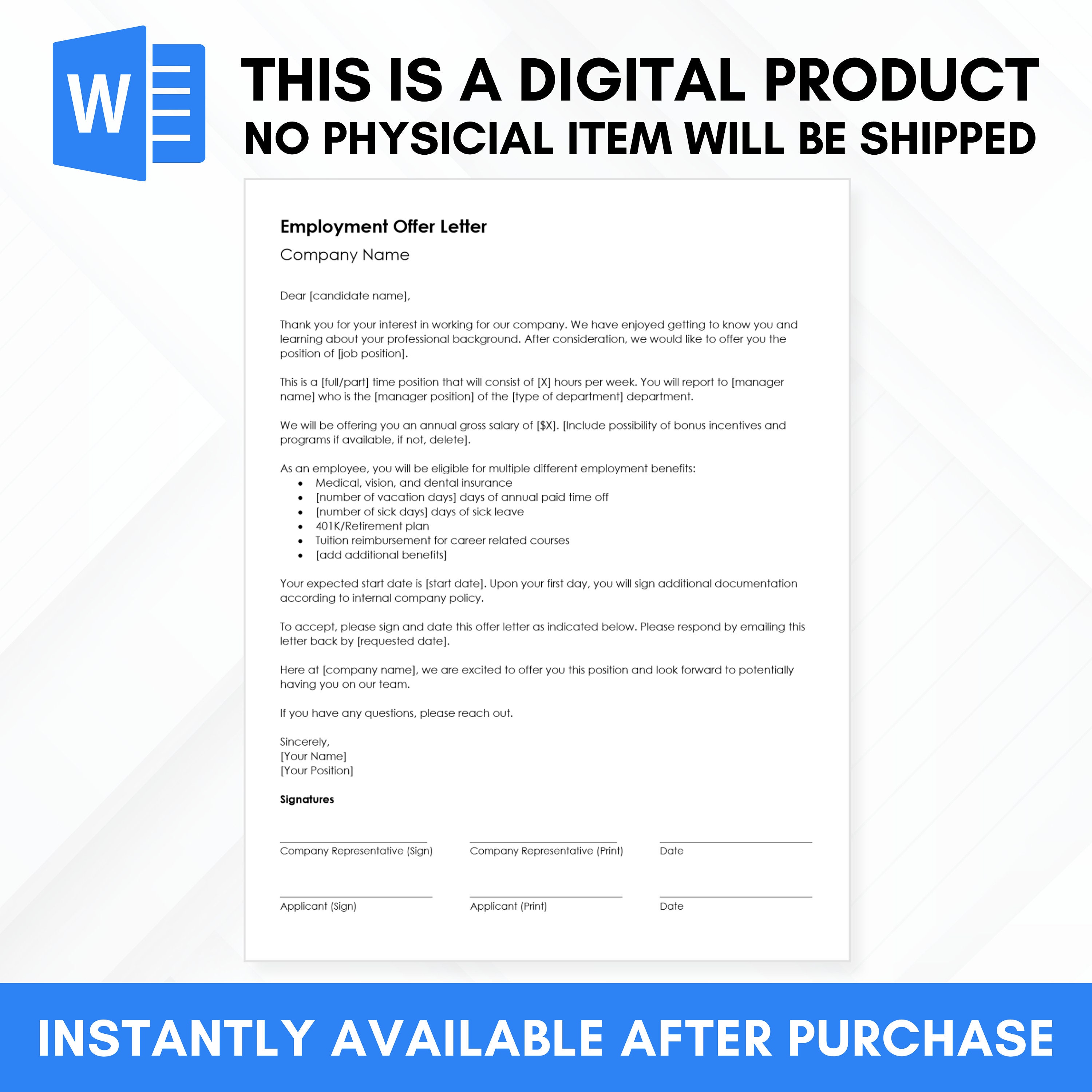 Employee Offer Letter Template: HR Legal Form (digital Word) - Etsy