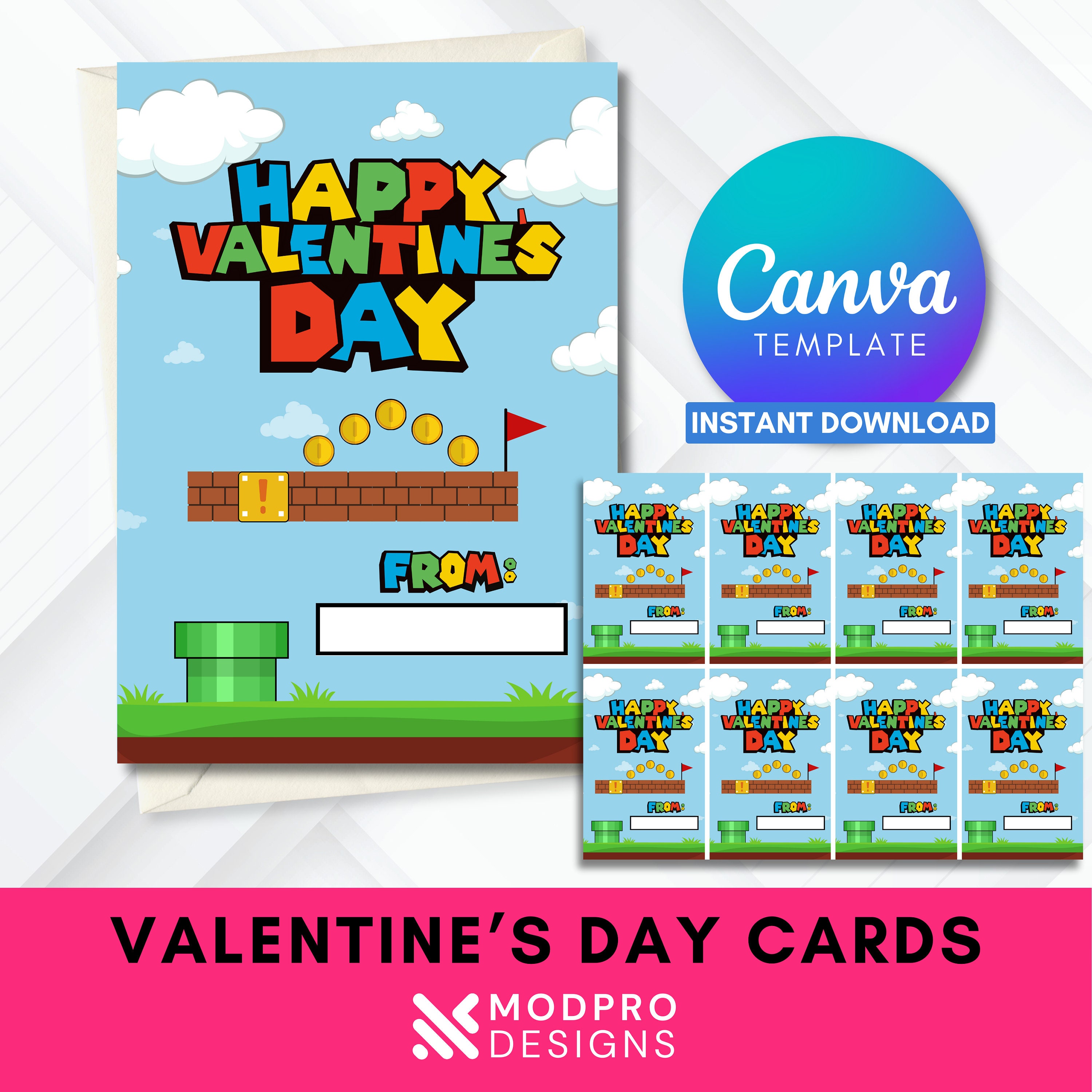 Super Mario Bros Valentines Day Cards digital Download, Canva Template ...