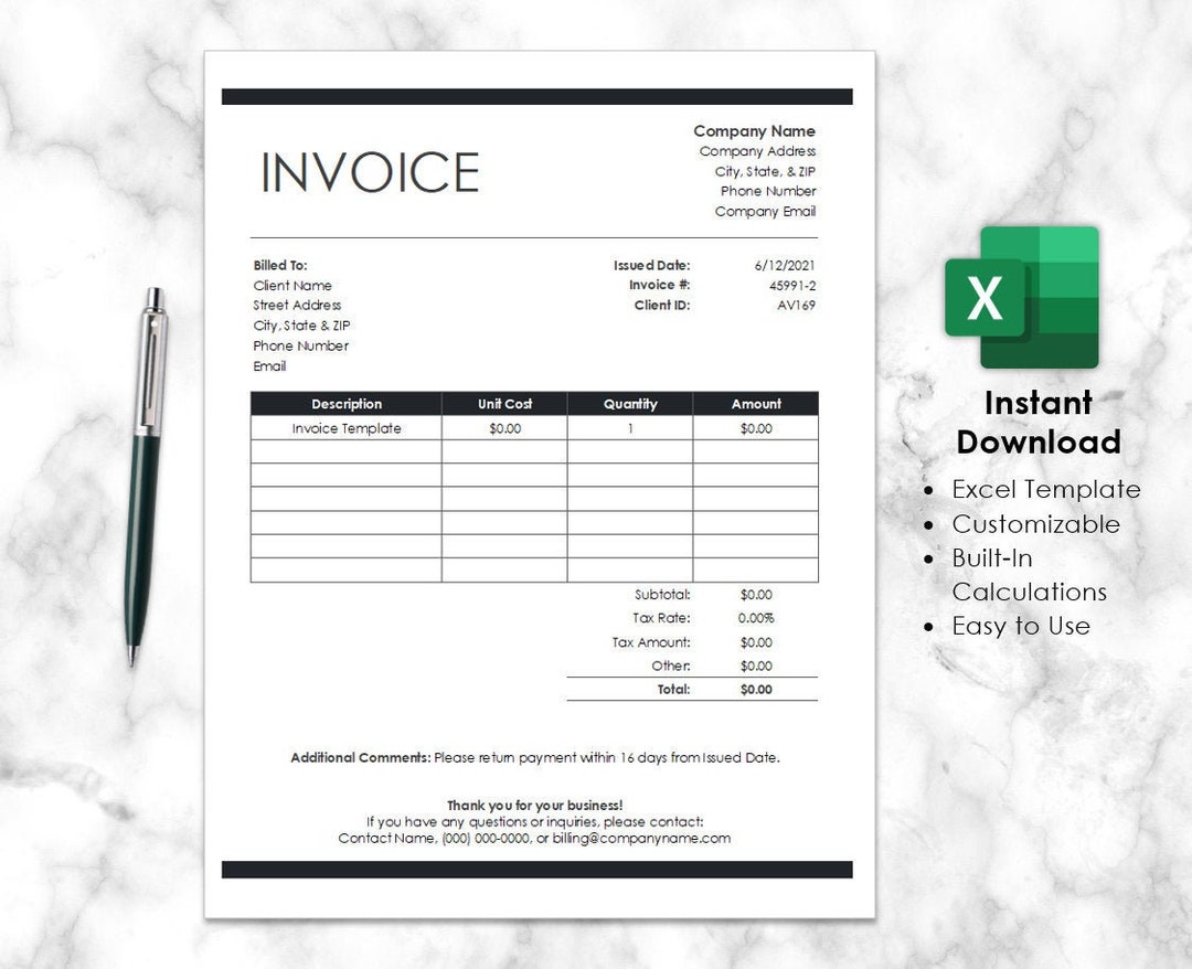 MS Excel Invoice Template Spreadsheet - Etsy