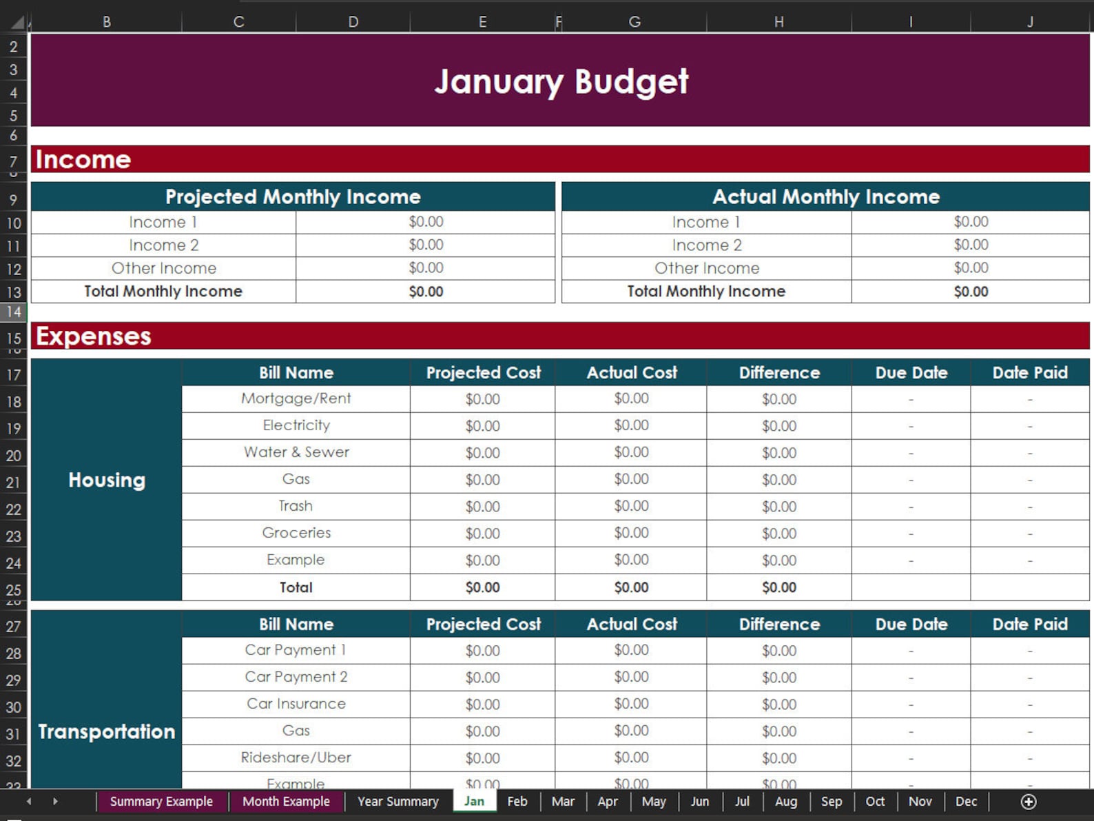 Personal Budget Excel Template - Month & Year Summaries 3 - Etsy
