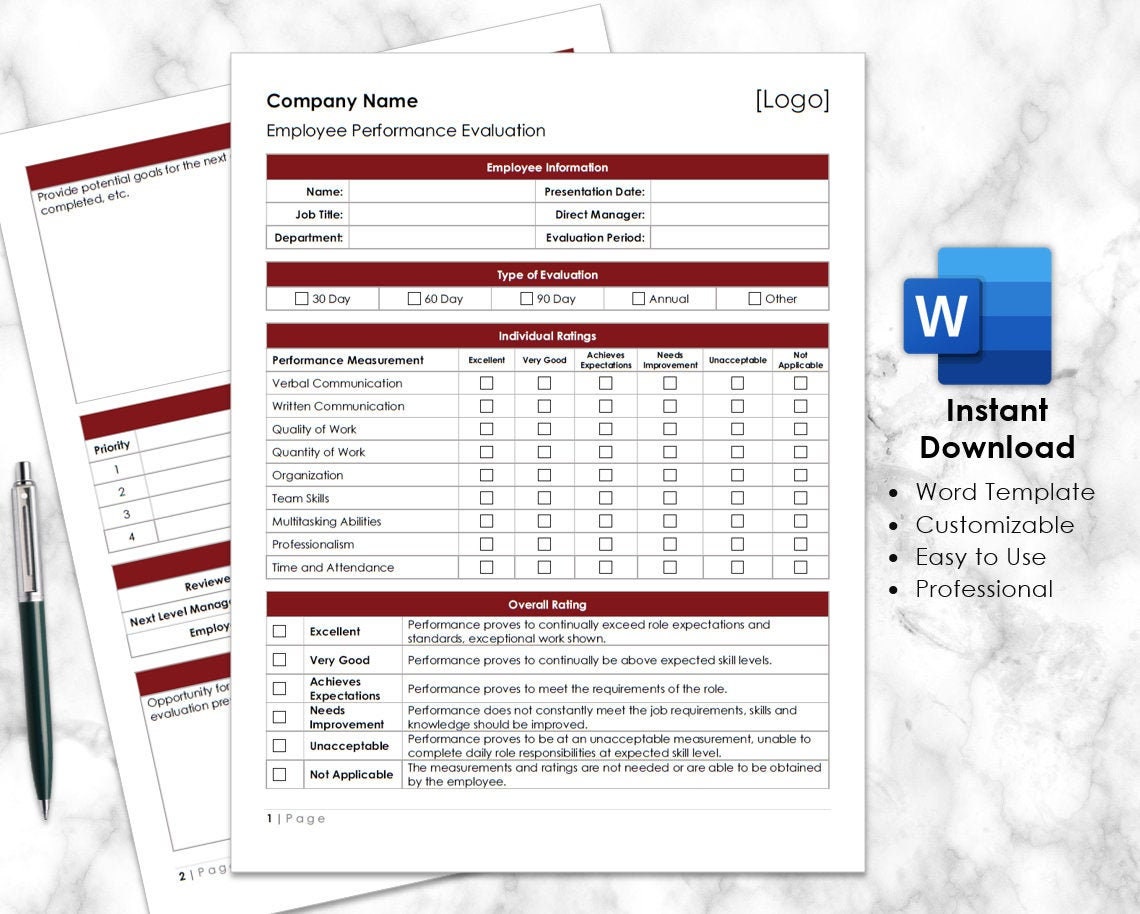 MS Word-employee Performance Evaluation Template - Etsy