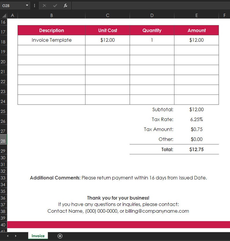 MS Excel Invoice Template Spreadsheet - Etsy