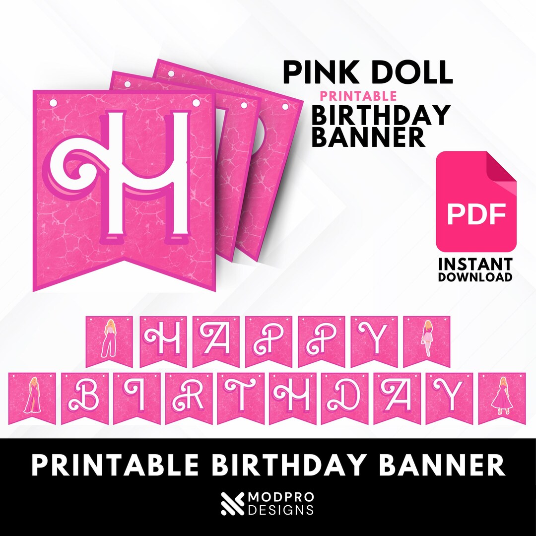 Pink Doll Birthday Banner: Printable Party Decor (PDF) - Etsy