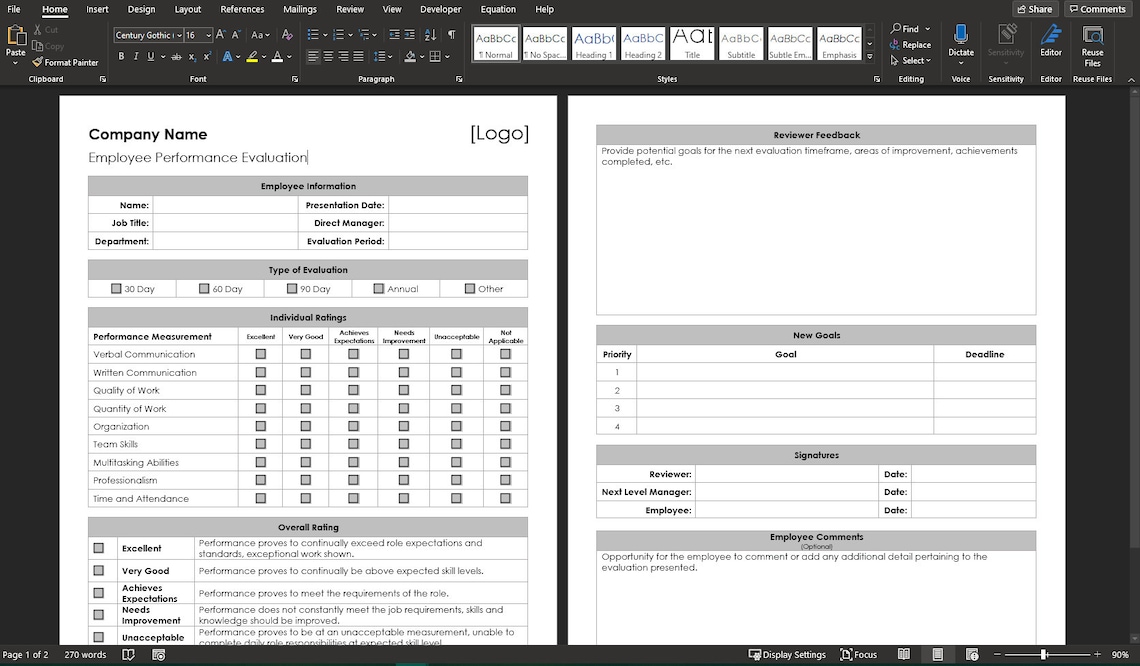 MS Word-employee Performance Evaluation Template - Etsy