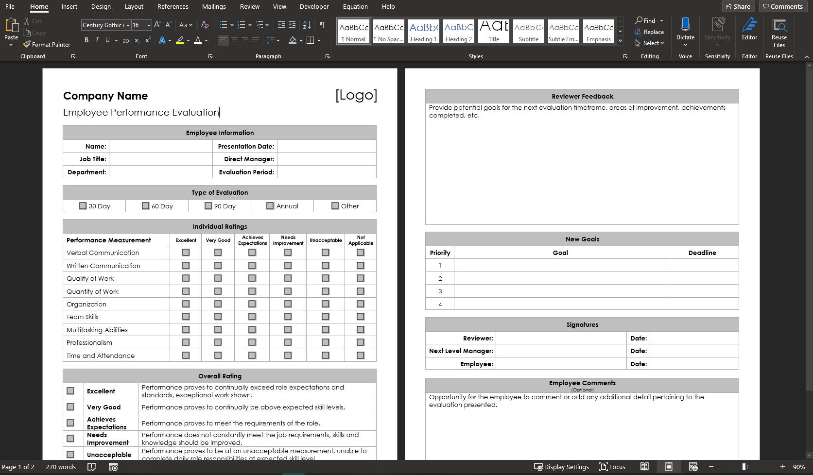 MS Word-employee Performance Evaluation Template - Etsy