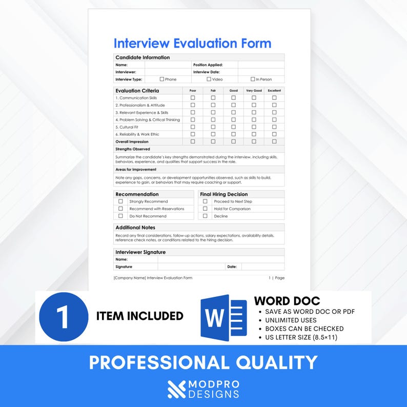 Interview Evaluation Form Template | Hiring Assessment Sheet ...