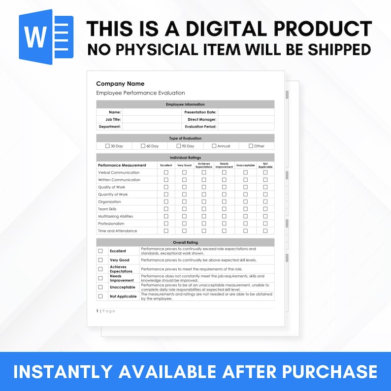 MS Word-employee Performance Evaluation Template - Etsy