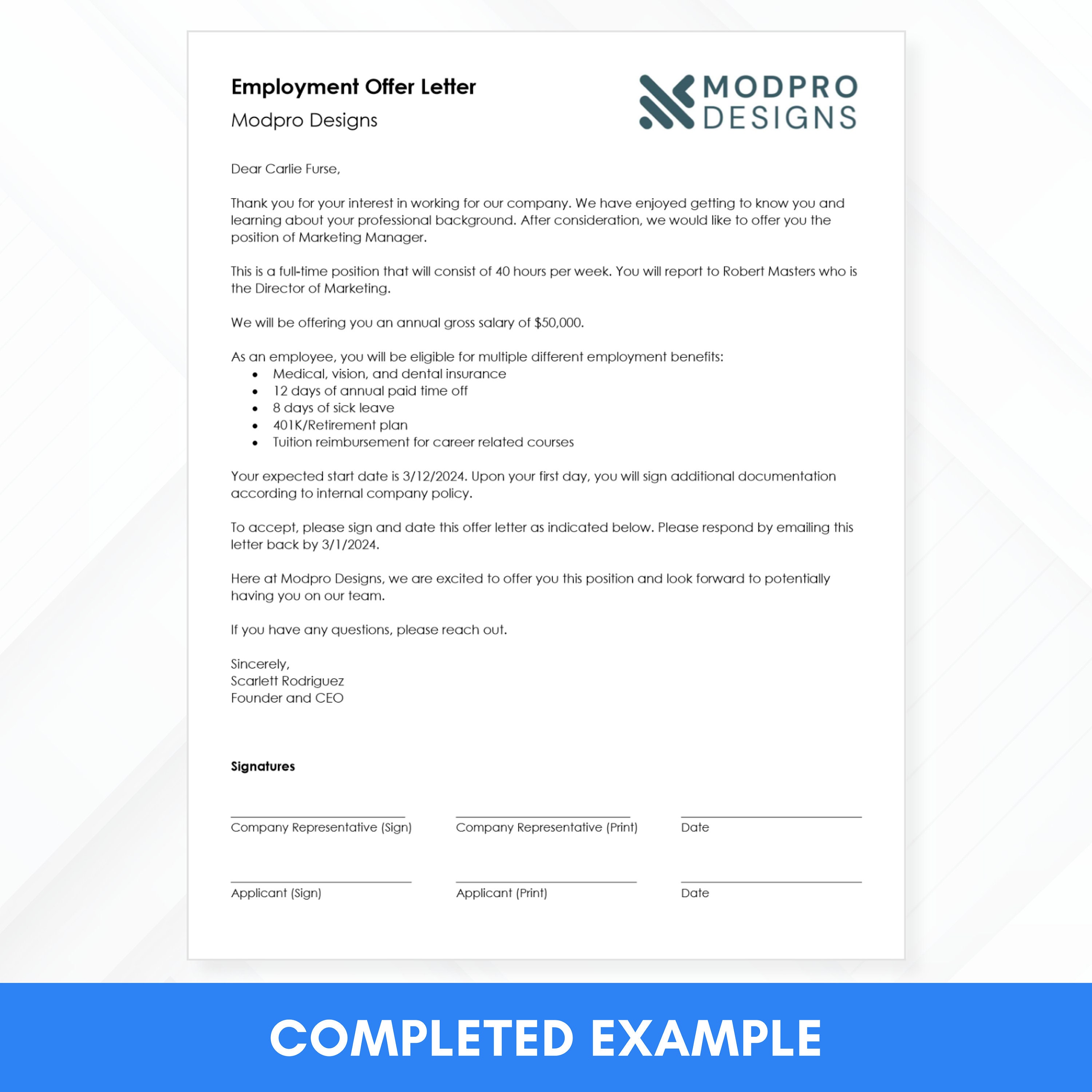 Employee Offer Letter Template (employment HR Form Legal Forms Human ...