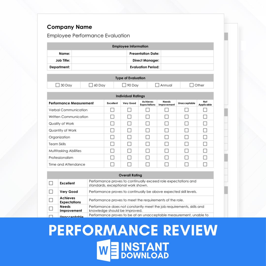 MS Word-employee Performance Evaluation Template - Etsy