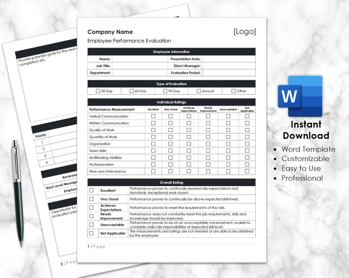 MS Word-employee Performance Evaluation Template - Etsy