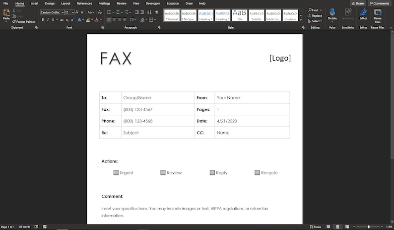 MS Word-fax Cover Sheet Template - Etsy