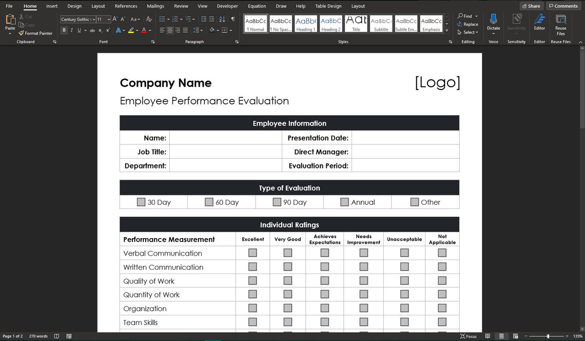 MS Word-employee Performance Evaluation Template - Etsy